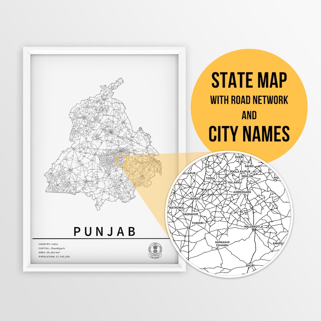Printable Map of Punjab, India With City Names and Roads - Instant ...