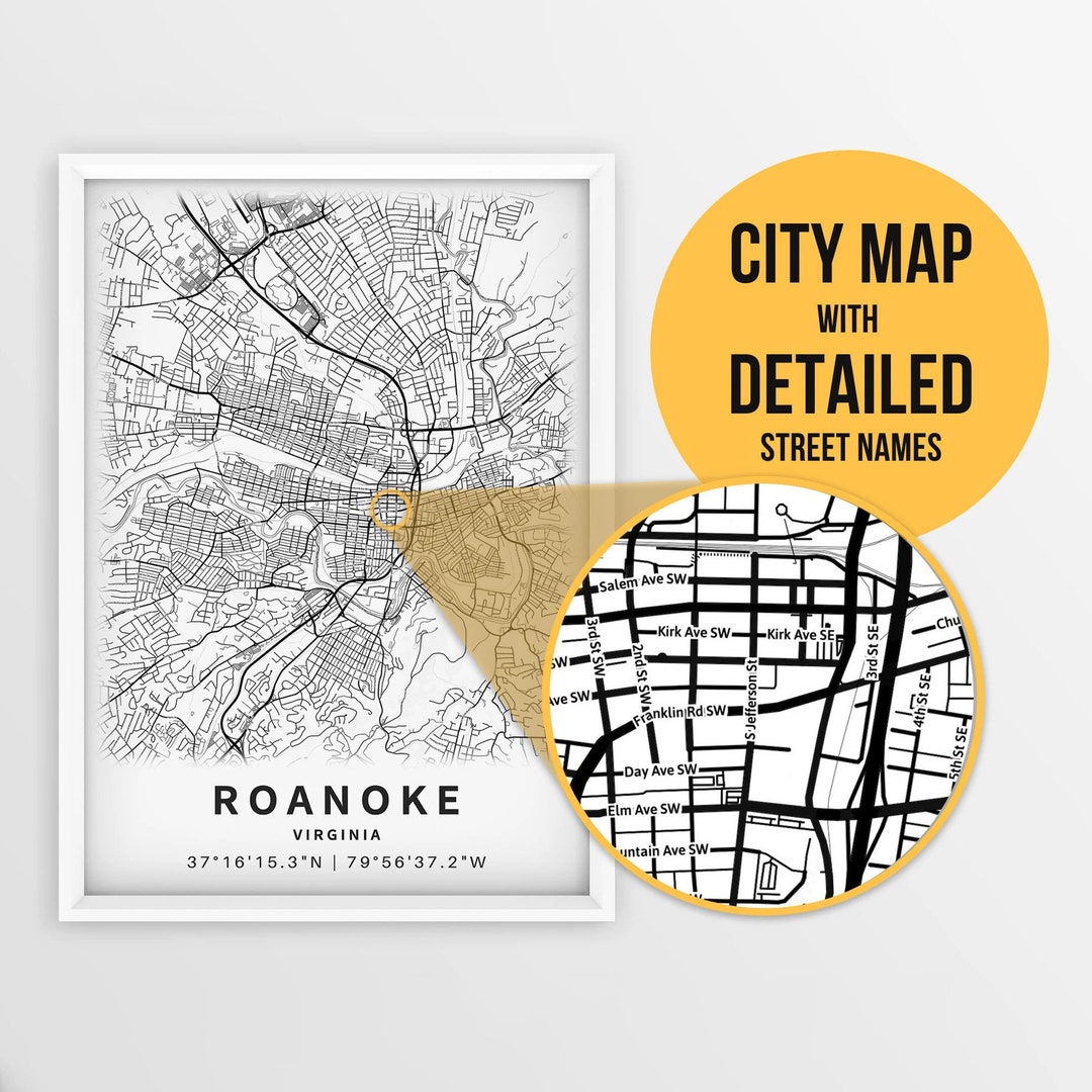 Printable Map of Roanoke, Virginia, USA With Street Names - Instant ...