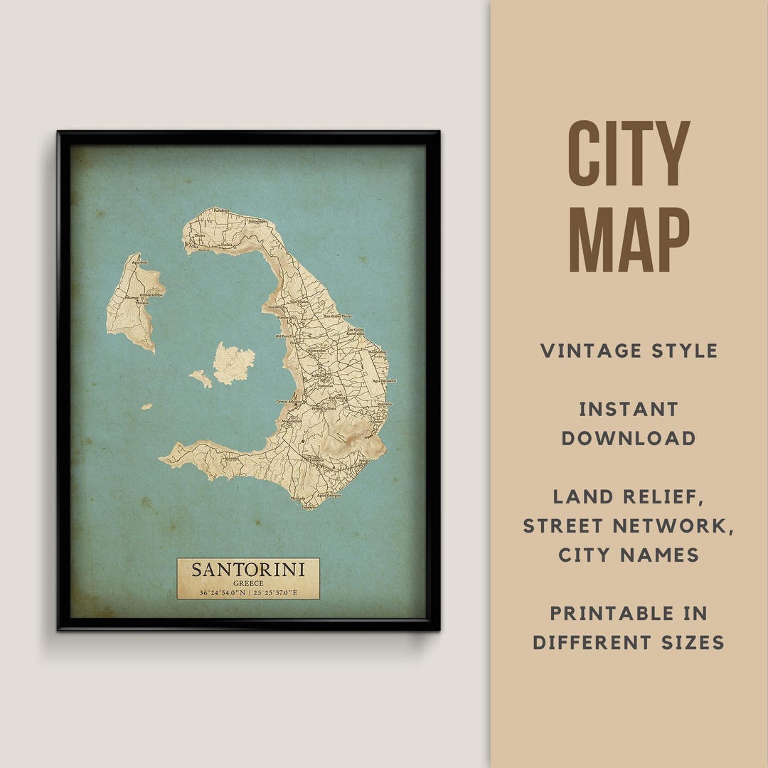 Mapa vintage imprimible de Santorini, Grecia - Descarga instantánea ...