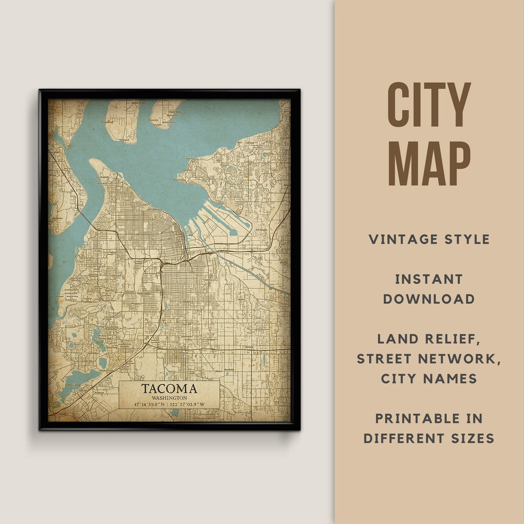 Printable Vintage Style Map of Tacoma, Washington, USA - Instant ...