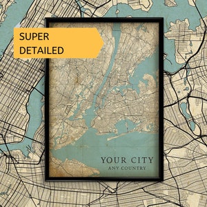 Custom Vintage style Map of Your City Any Country Digital | Etsy