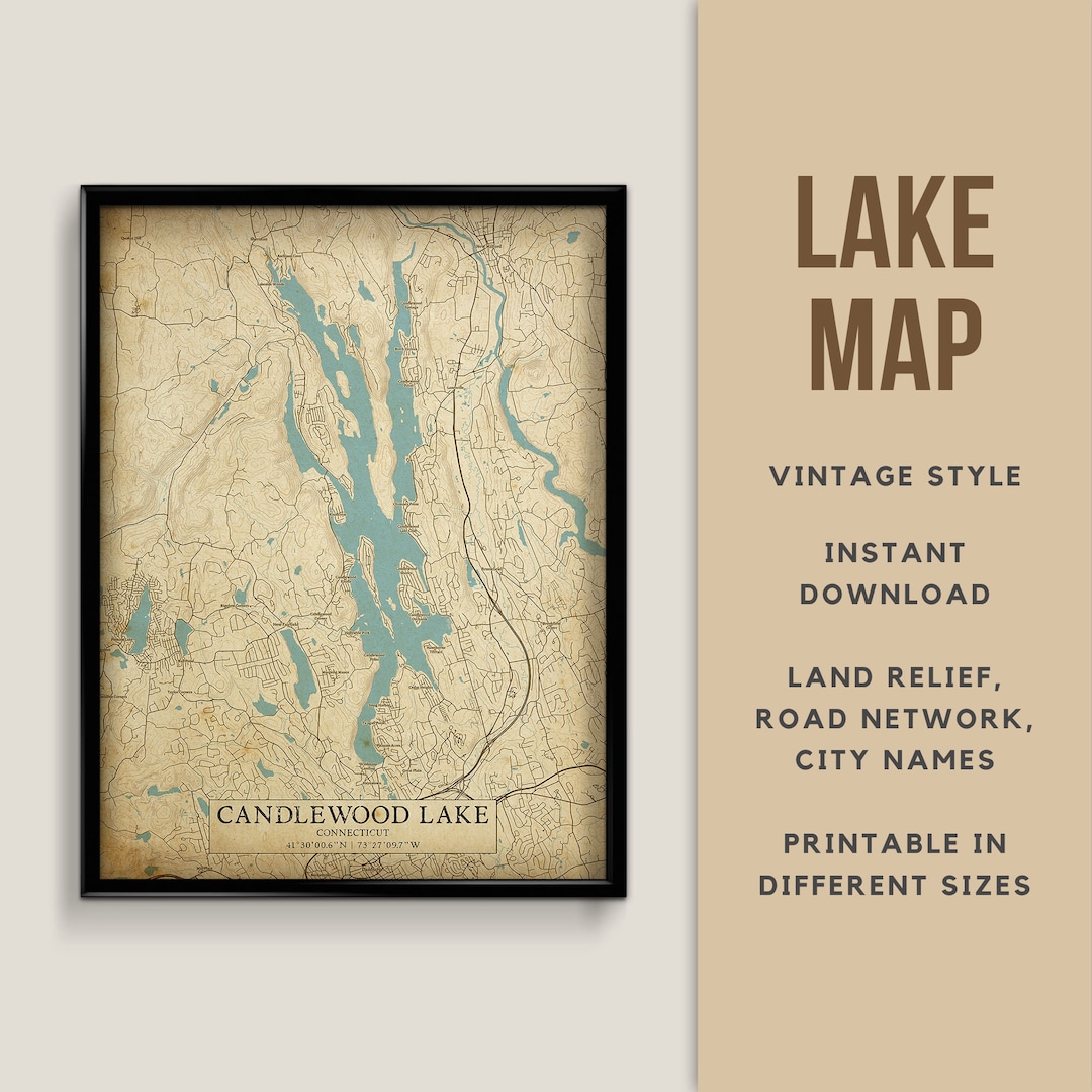 Vintage Style Map of Candlewood Lake, Connecticut With City Names ...