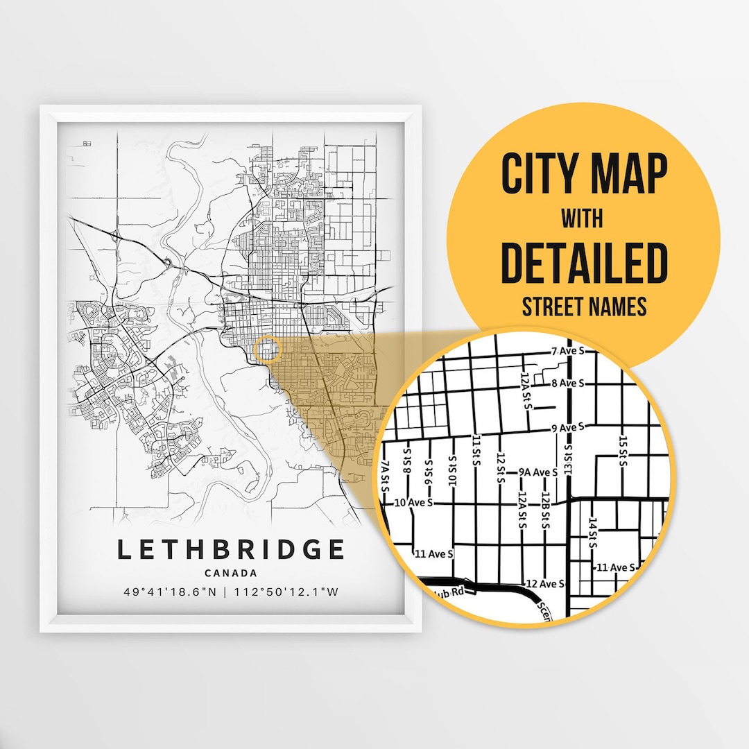 Printable Map of Lethbridge, Alberta, Canada With Street Names ...