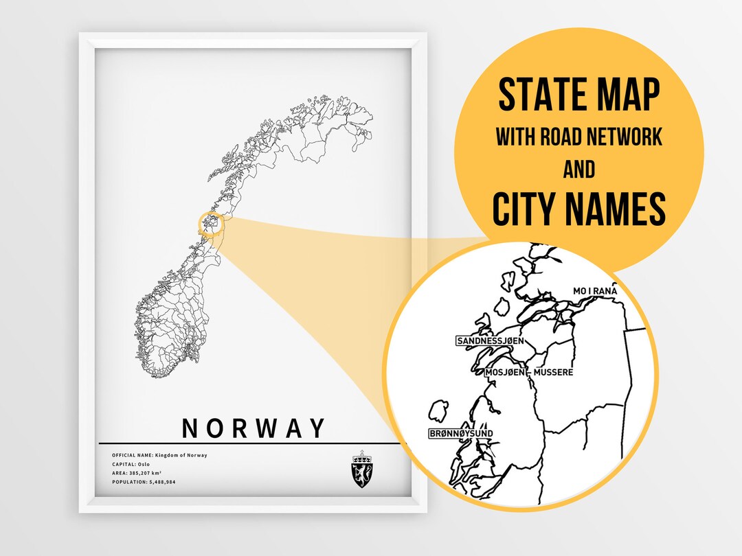 Printable Map of Norway With City Names Instant Download Country Map ...