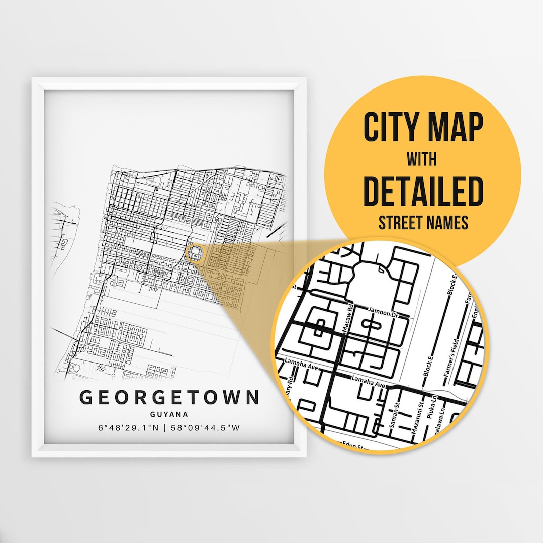Printable Map of Georgetown, Demerara-mahaica, Guyana With Street Names ...