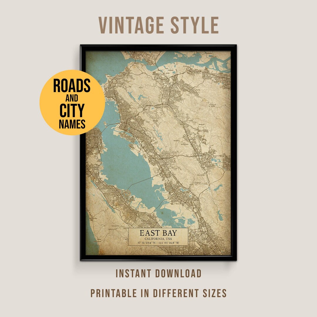 East Bay, California Vintage Style Map, Printable San Francisco Bay ...