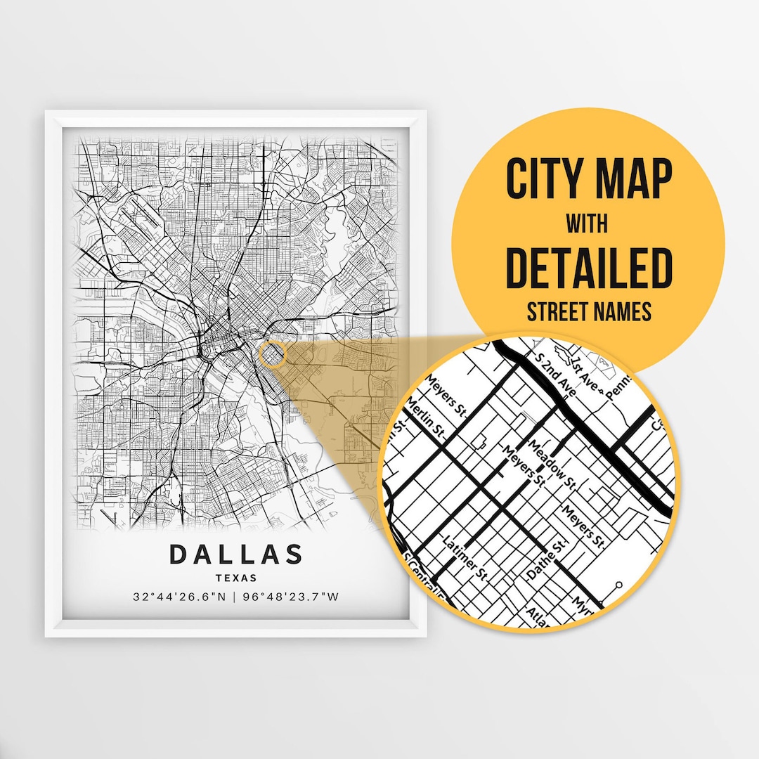 Printable Map of Dallas, Texas, USA With Street Names - Instant ...