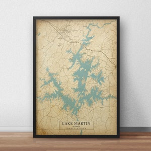 Vintage Style Map of Lake Martin, Alabama, USA With City Names ...