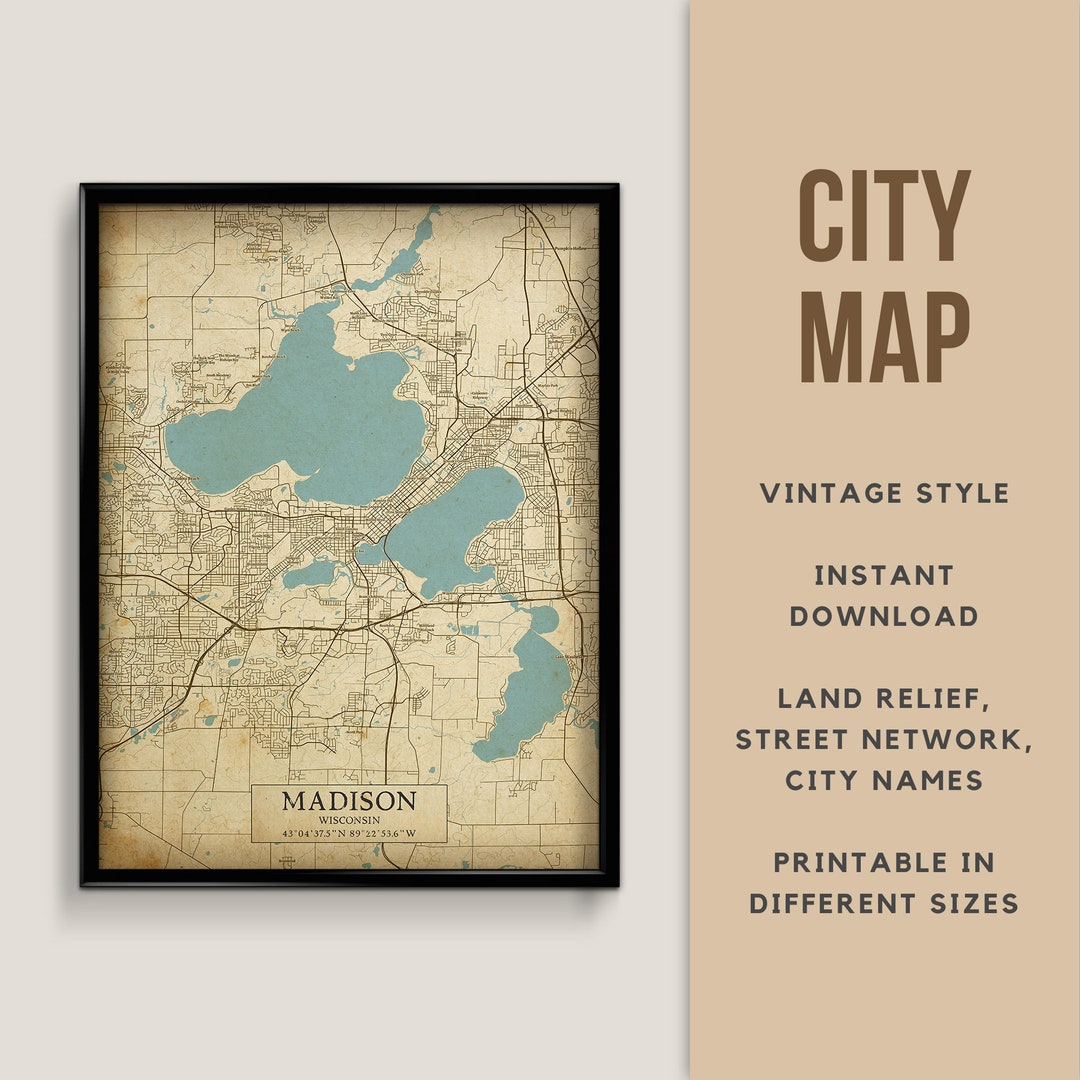 Printable Vintage Style Map of Madison, Wisconsin, USA - Instant ...