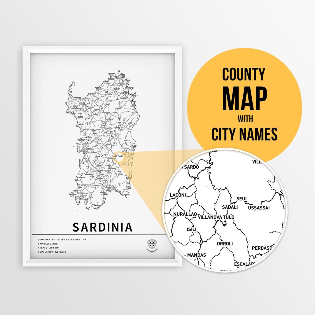 Printable Map of Sardinia, Italy With City Names and Roads - Instant ...