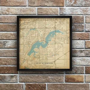Vintage Style Map of Geist Reservoir, Indiana, USA With City Names ...