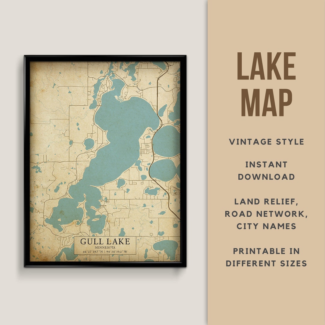 Printable Vintage Style Map of Gull Lake, Minnesota, USA With City ...