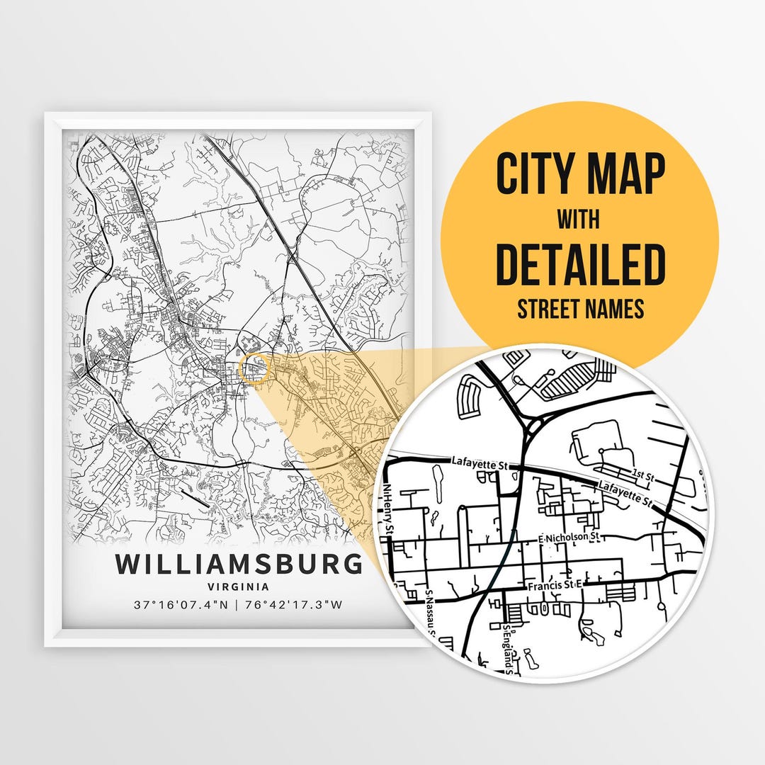 Printable Map of Williamsburg, Virginia, USA With Street Names ...