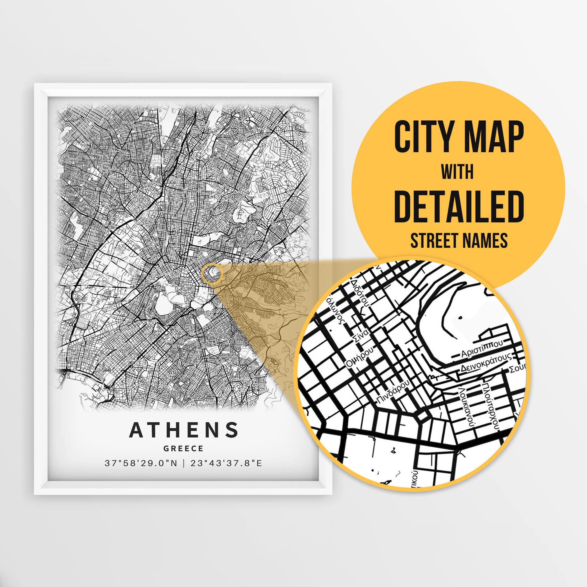 Printable Map of Athens, Greece With Street Names - Instant Download ...