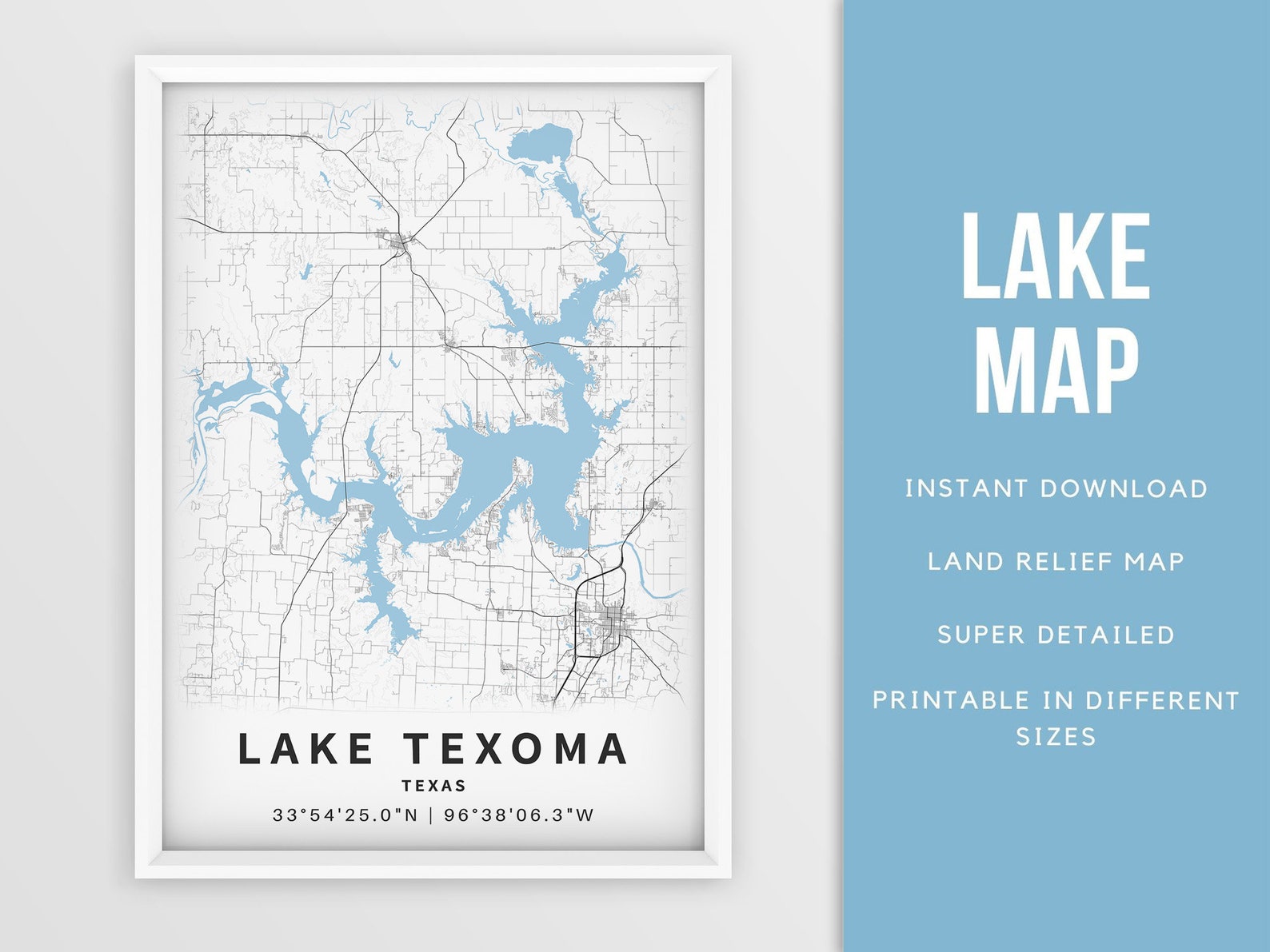 Printable Map of Lake Texoma Oklahoma Texas United States - Etsy