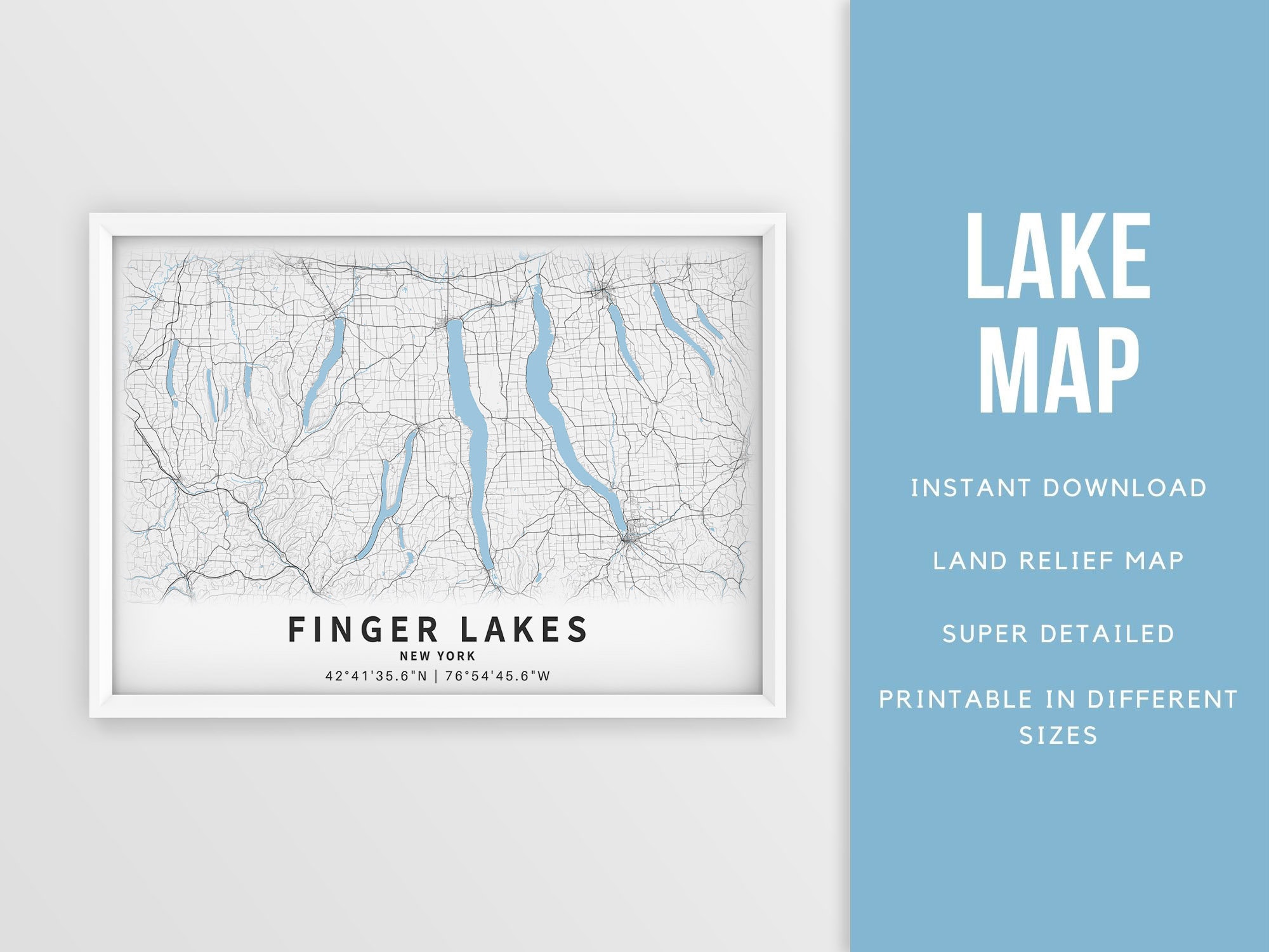 Printable Map of Finger Lakes New York United States - Etsy