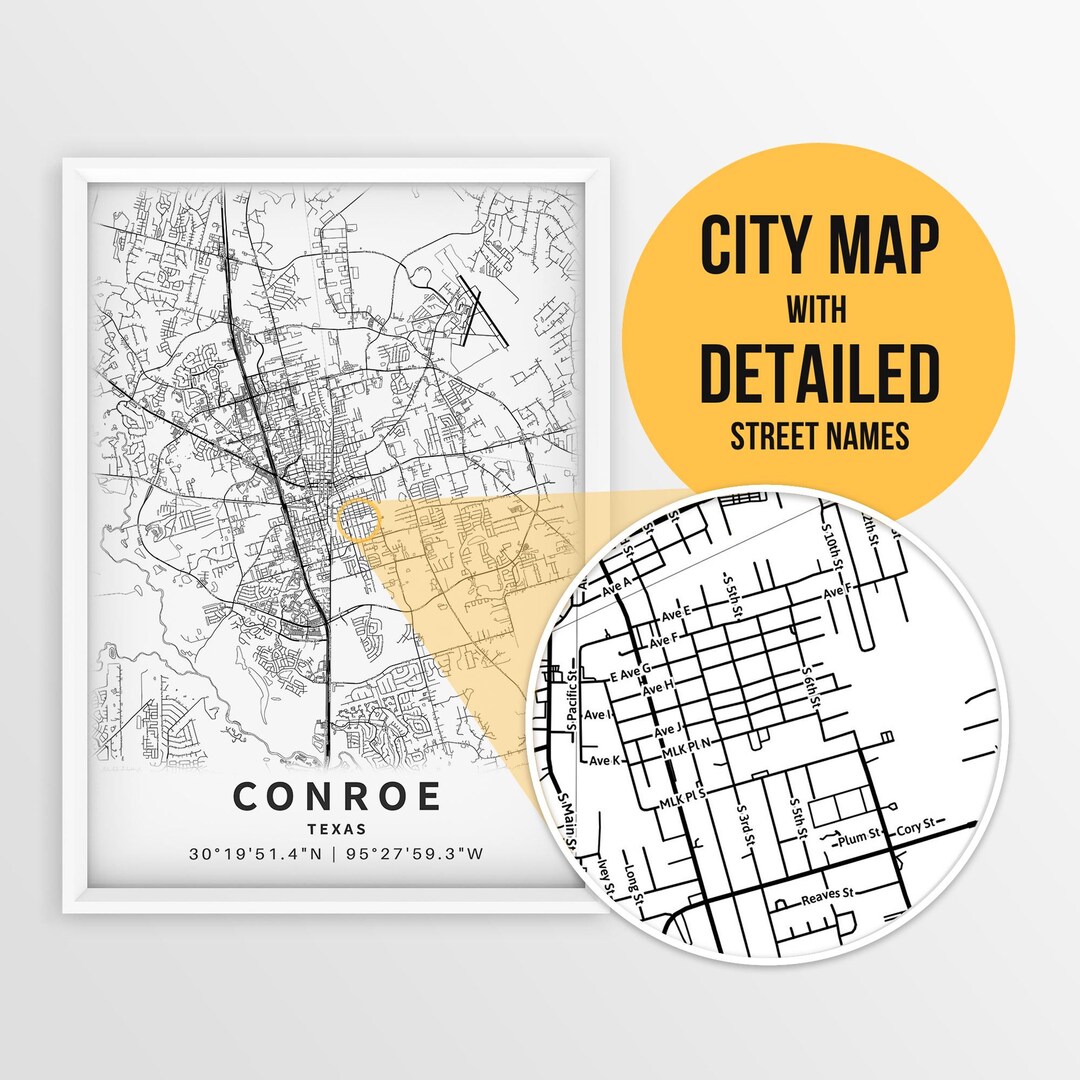 Printable Map of Conroe, Texas, USA With Street Names - Instant ...