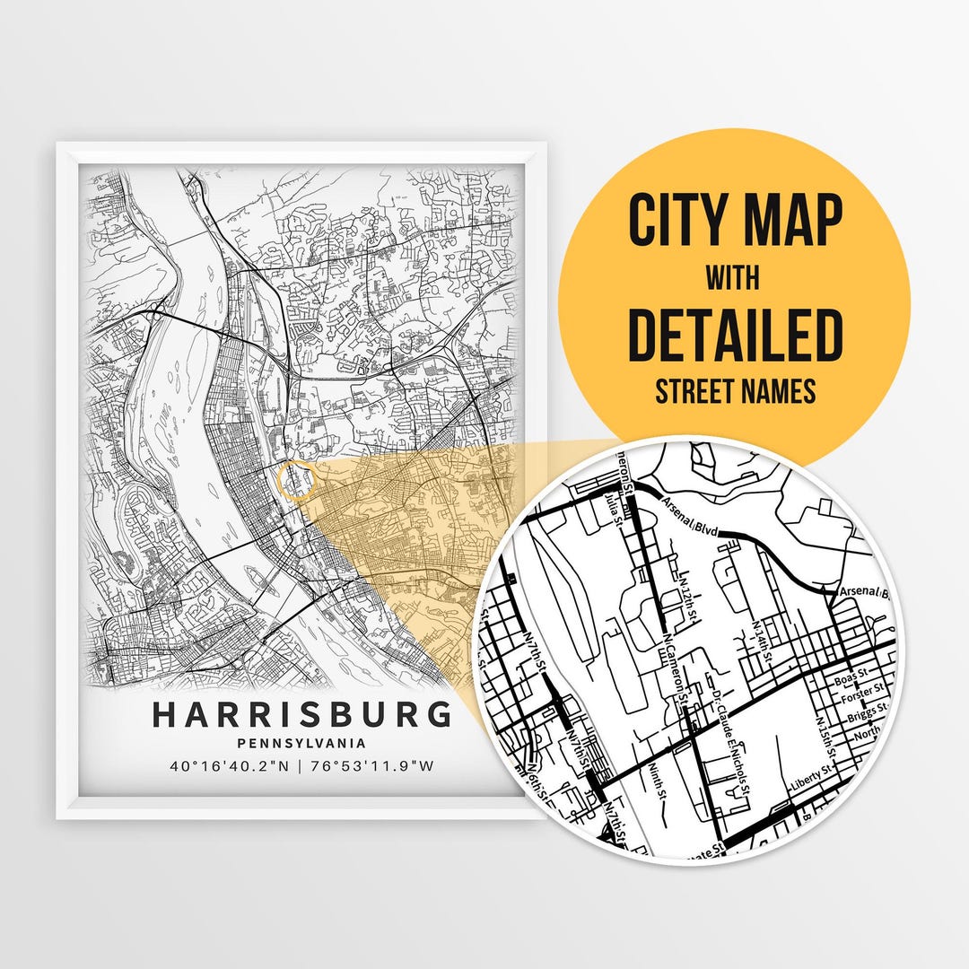 Printable Map of Harrisburg, Pennsylvania, USA With Street Names ...