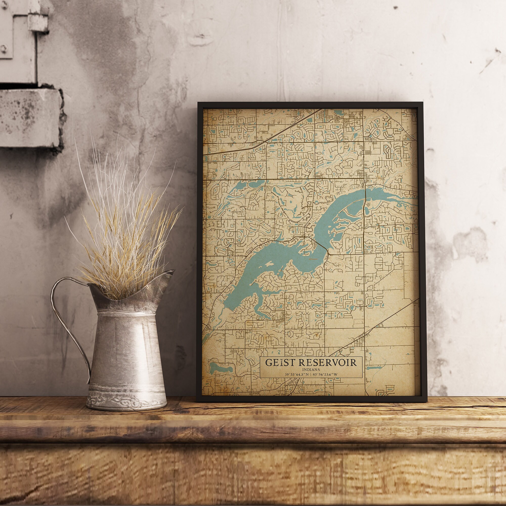 Geist Reservoir Vintage Style Map, Printable Indiana Lake House Poster ...