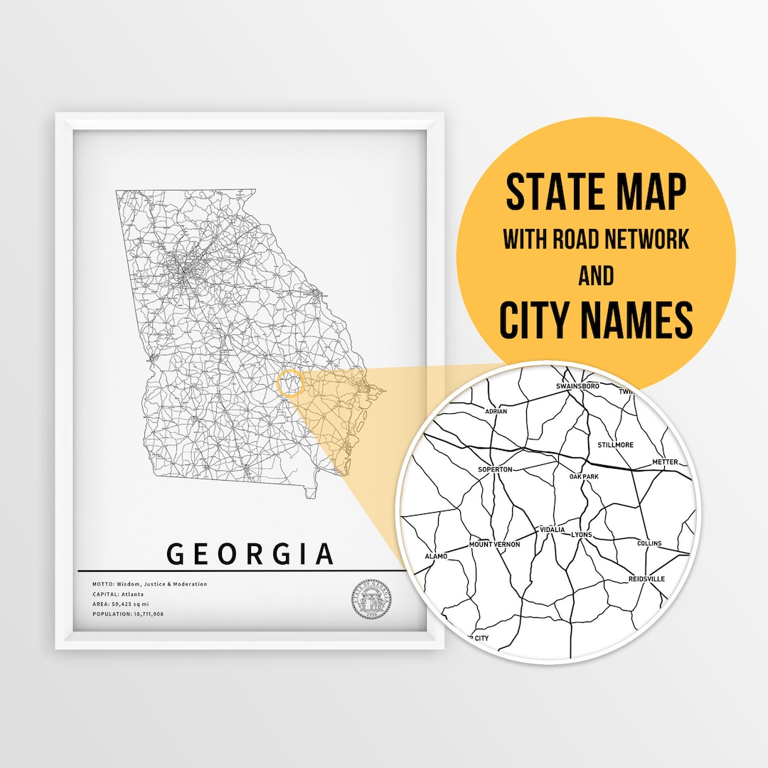 Printable Map of Georgia, USA With City Names and Roads - Instant ...
