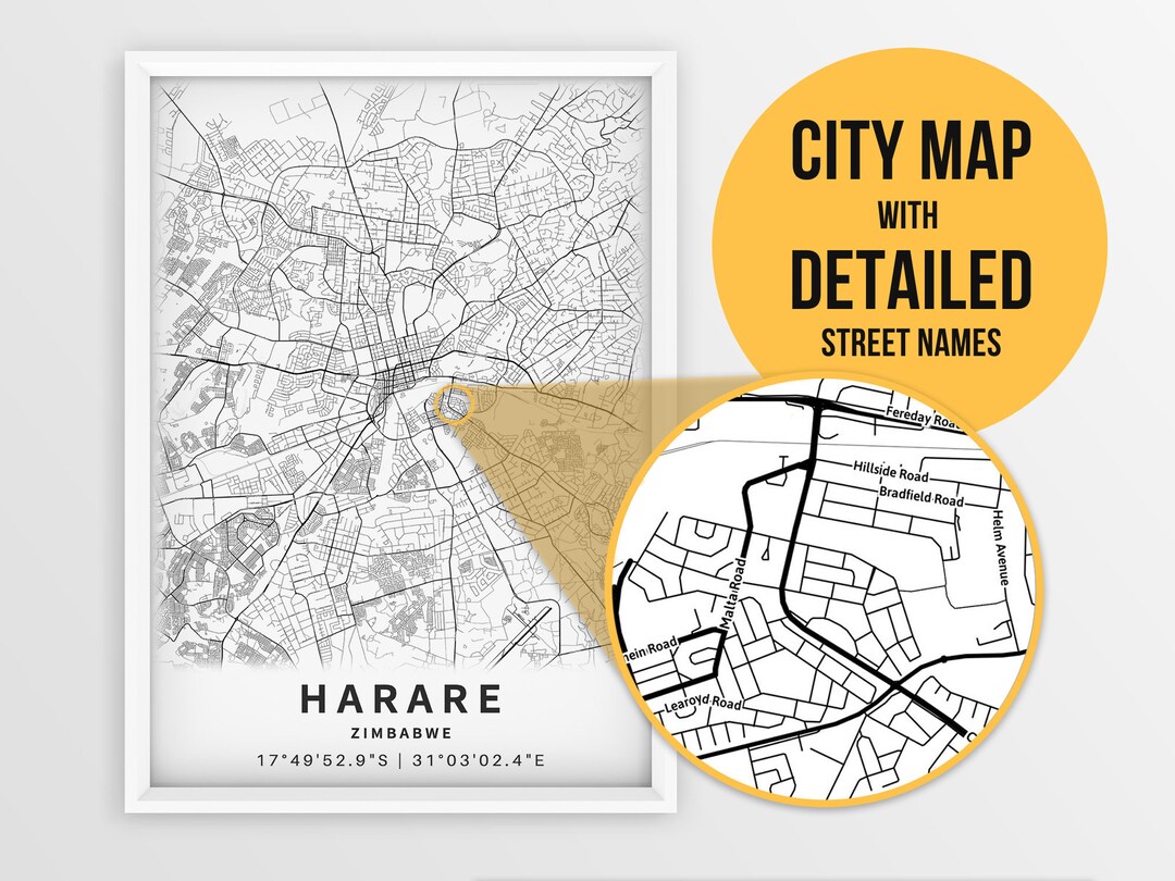 Printable Map of Harare Zimbabwe With Street Names Instant - Etsy