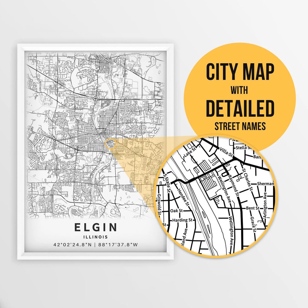 Printable Map of Elgin, Illinois, USA With Street Names - Instant ...