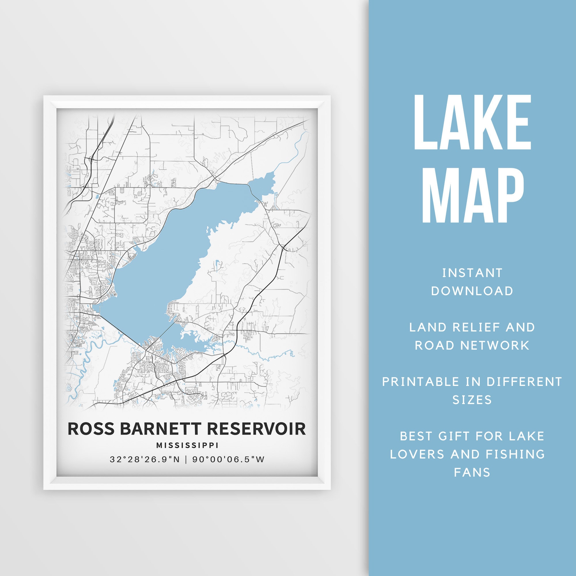 Ross Barnett Reservoir Map Poster, Mississippi the Rez Printable Lake ...