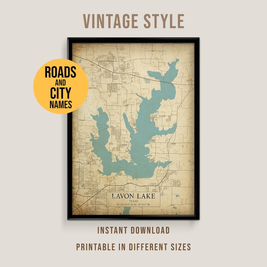 Lavon Lake Vintage Style Map, Printable Texas Lake House Poster ...