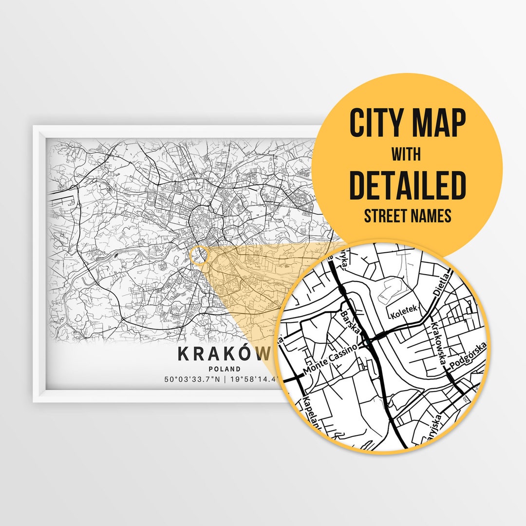 Printable Map of Kraków, Poland With Street Names - Instant Download ...