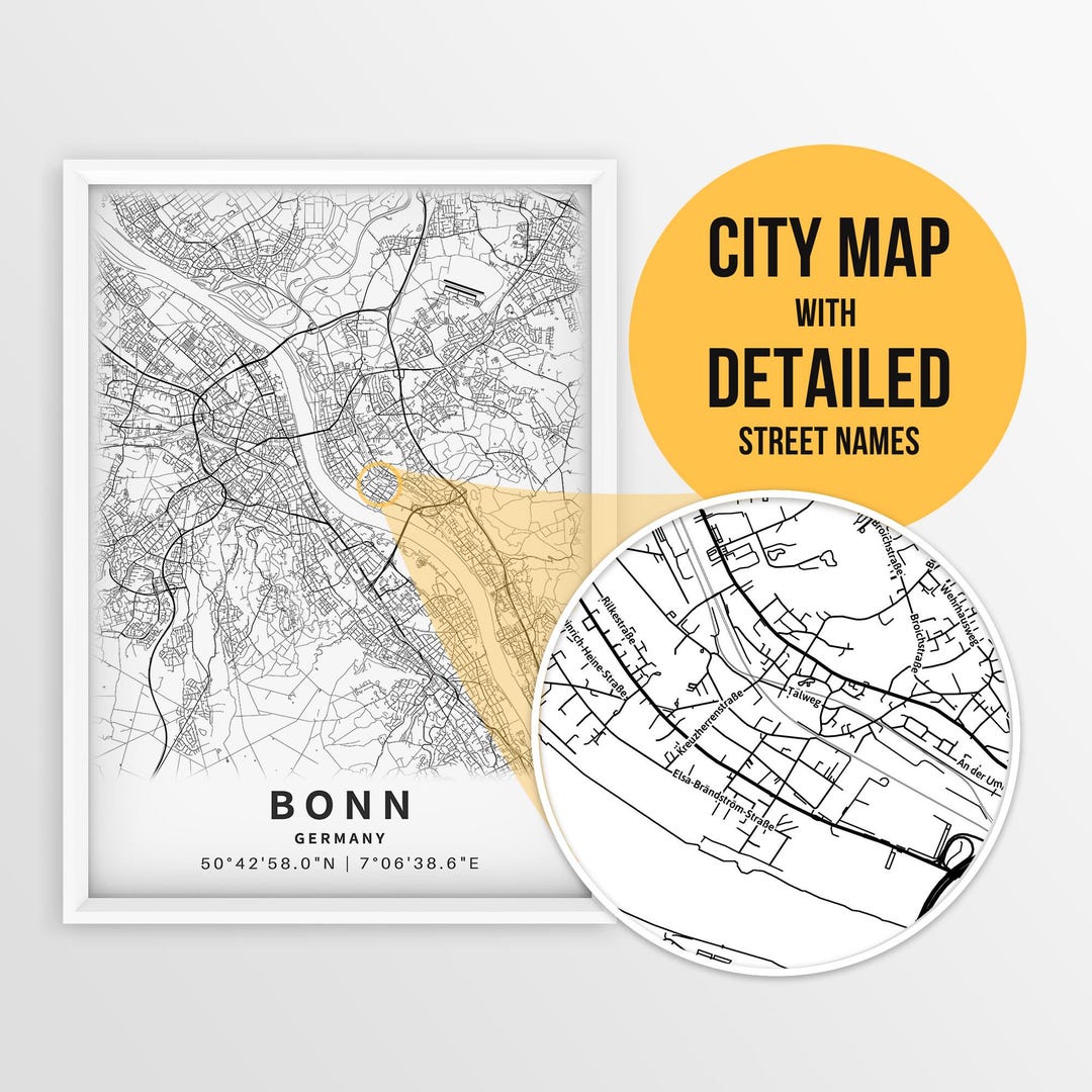 Printable Map of Bonn, Germany With Street Names - Instant Download ...