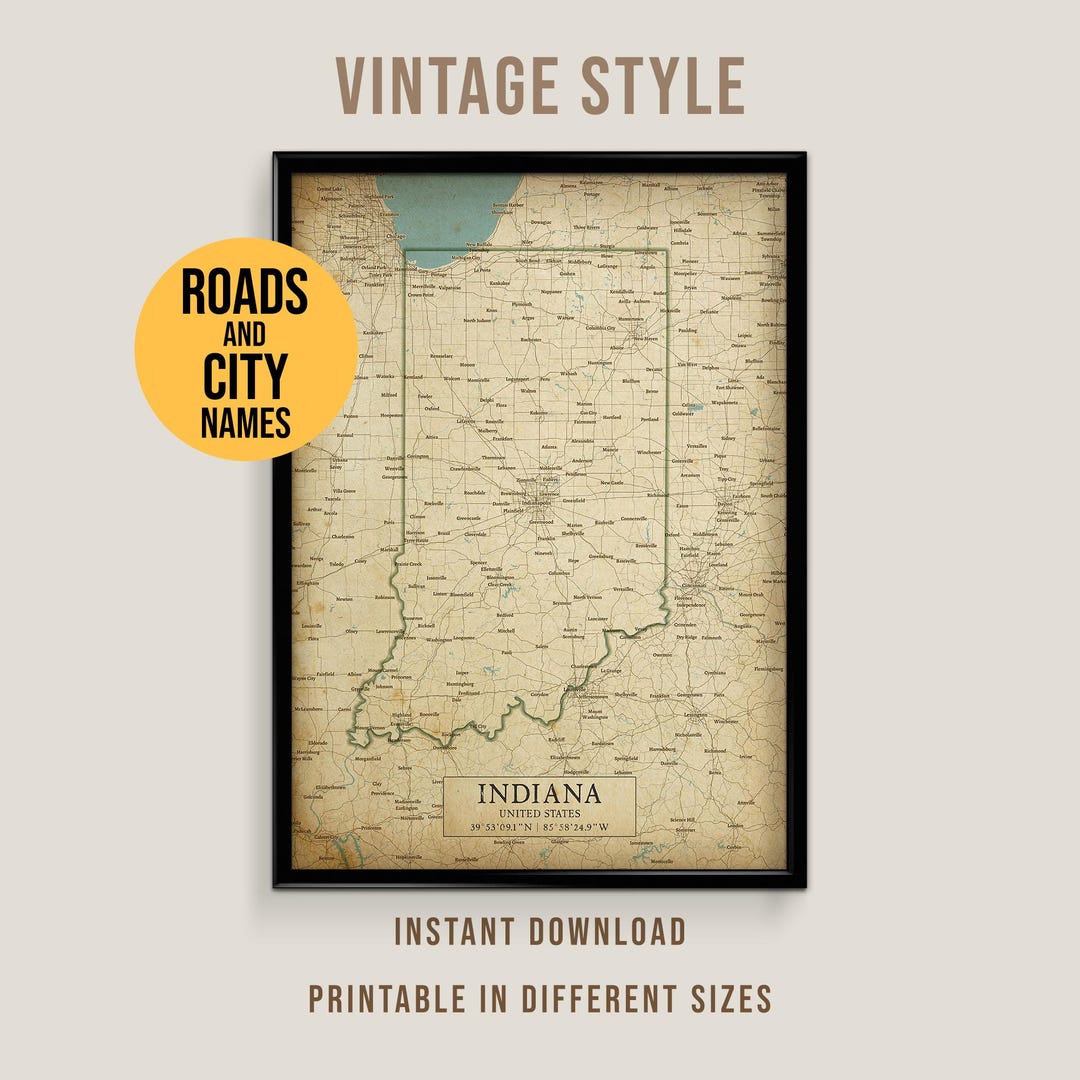 Indiana Vintage Style Map With Roads and City Names, Printable Indiana ...