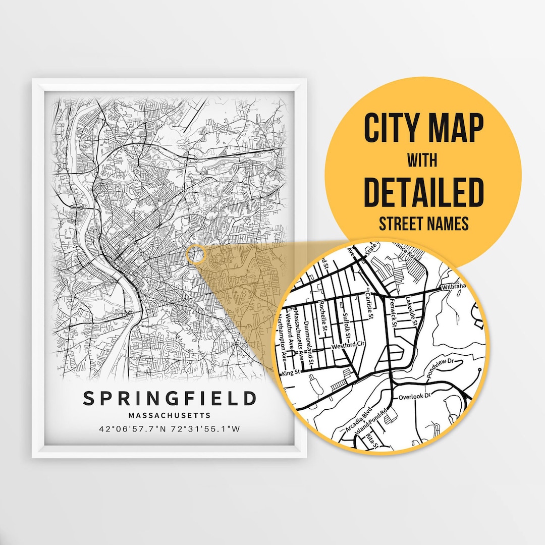 Printable Map of Springfield, Massachusetts, USA With Street Names ...
