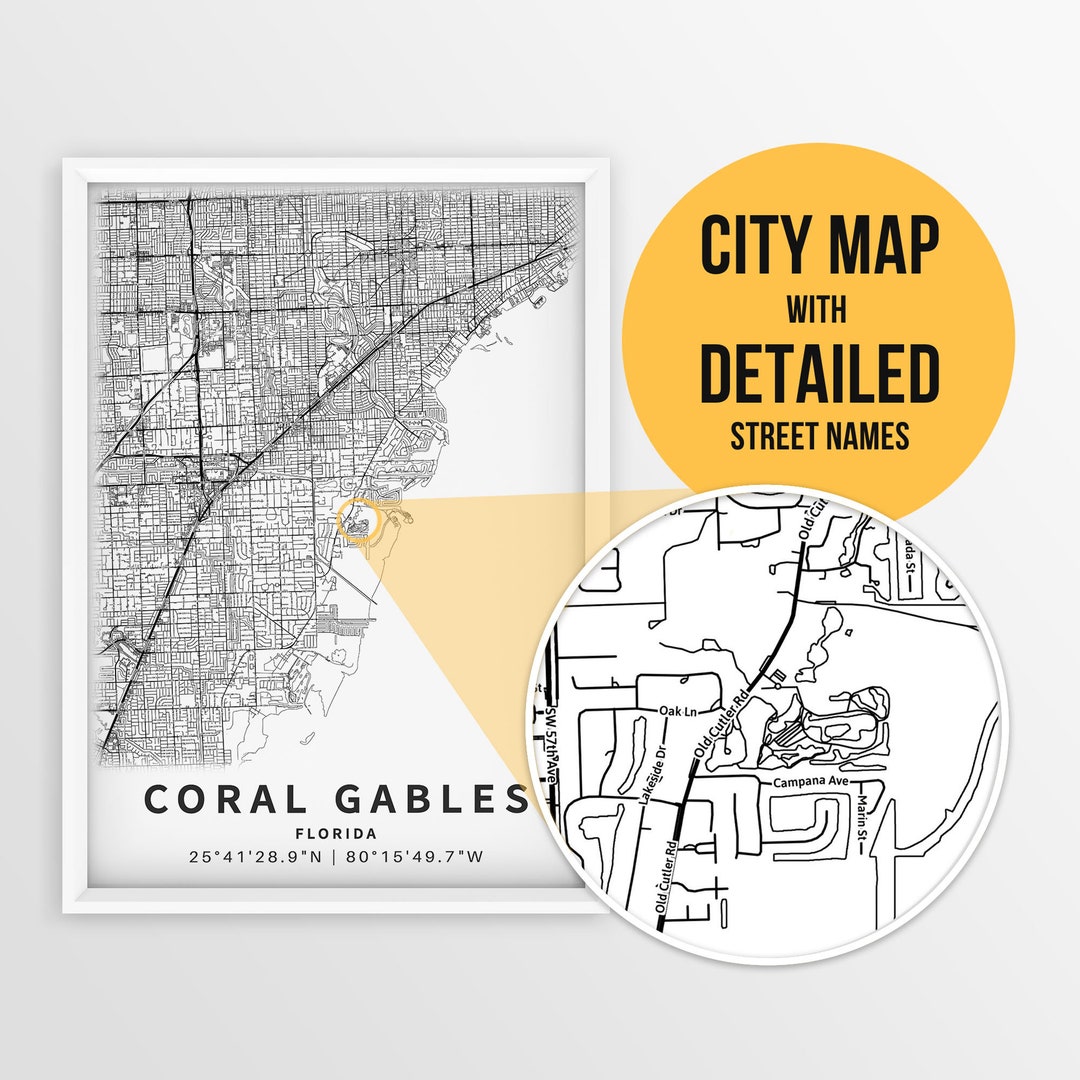 Printable Map of Coral Gables, Florida, USA With Street Names - Instant ...