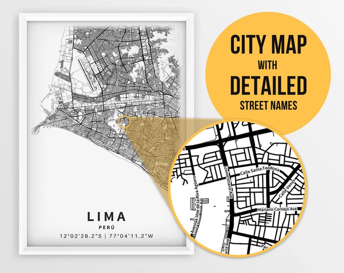 LIMA CITY MAP Fine Art Map Poster - Modern Lima Peru Minimalist City ...