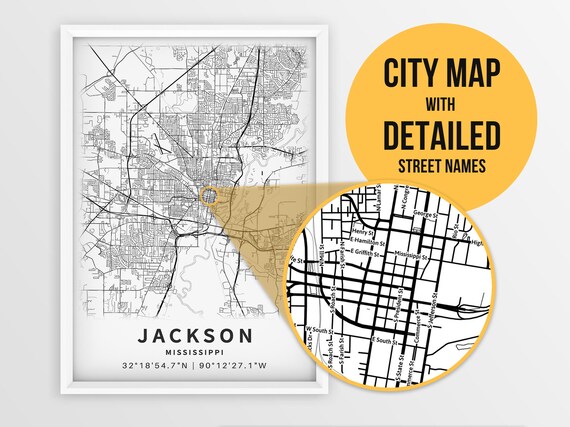Printable Map Jackson Mississippi USA With Street Names | Etsy