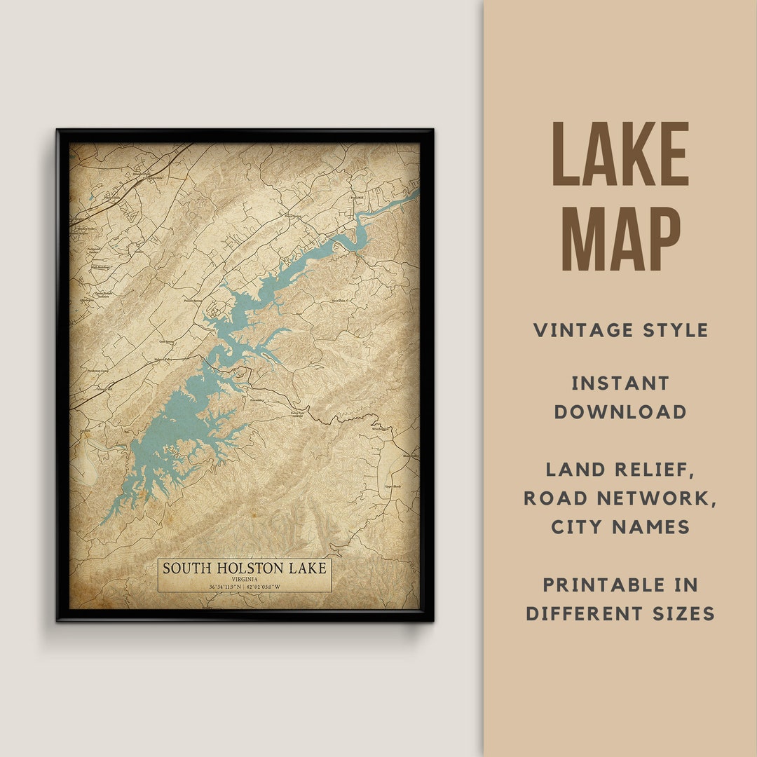 Vintage Style Map of South Holston Lake, Virginia, Tennessee, USA With ...