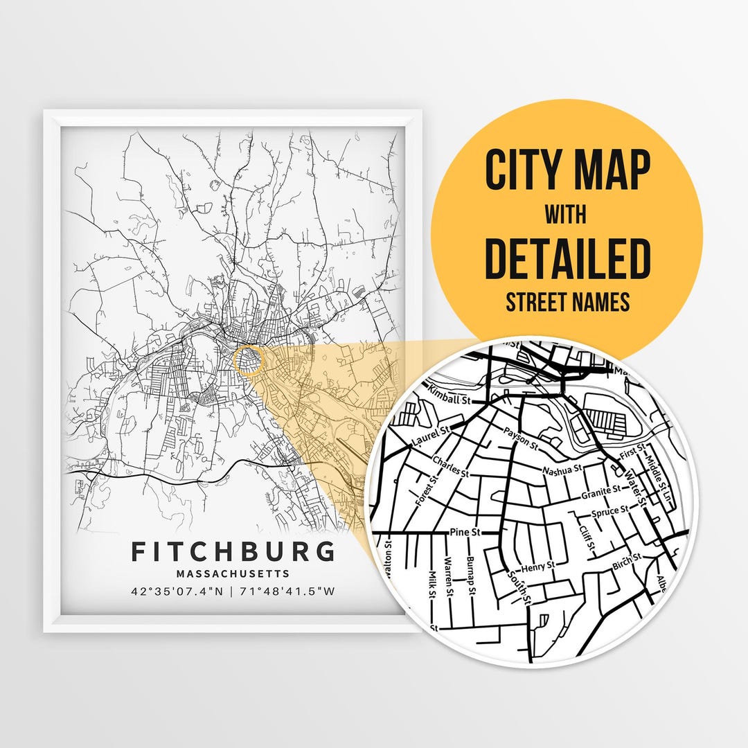 Printable Map of Fitchburg, Massachusetts, USA With Street Names ...