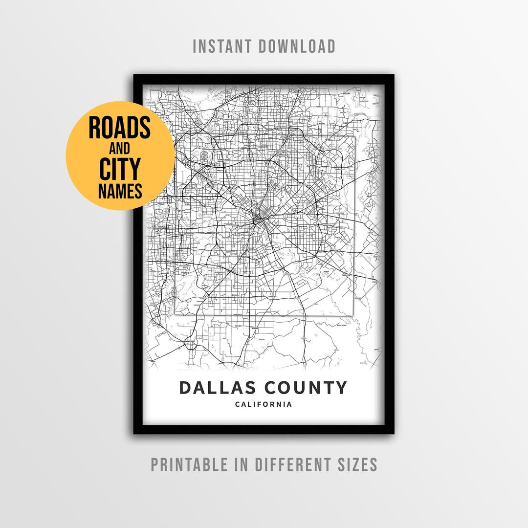 Dallas County Map Poster, Printable Texas Road Map With City Names ...