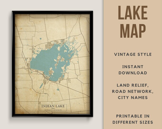 Indian Lake, Ohio. Vintage-inspired Lake Map Print. Lake House Decor ...