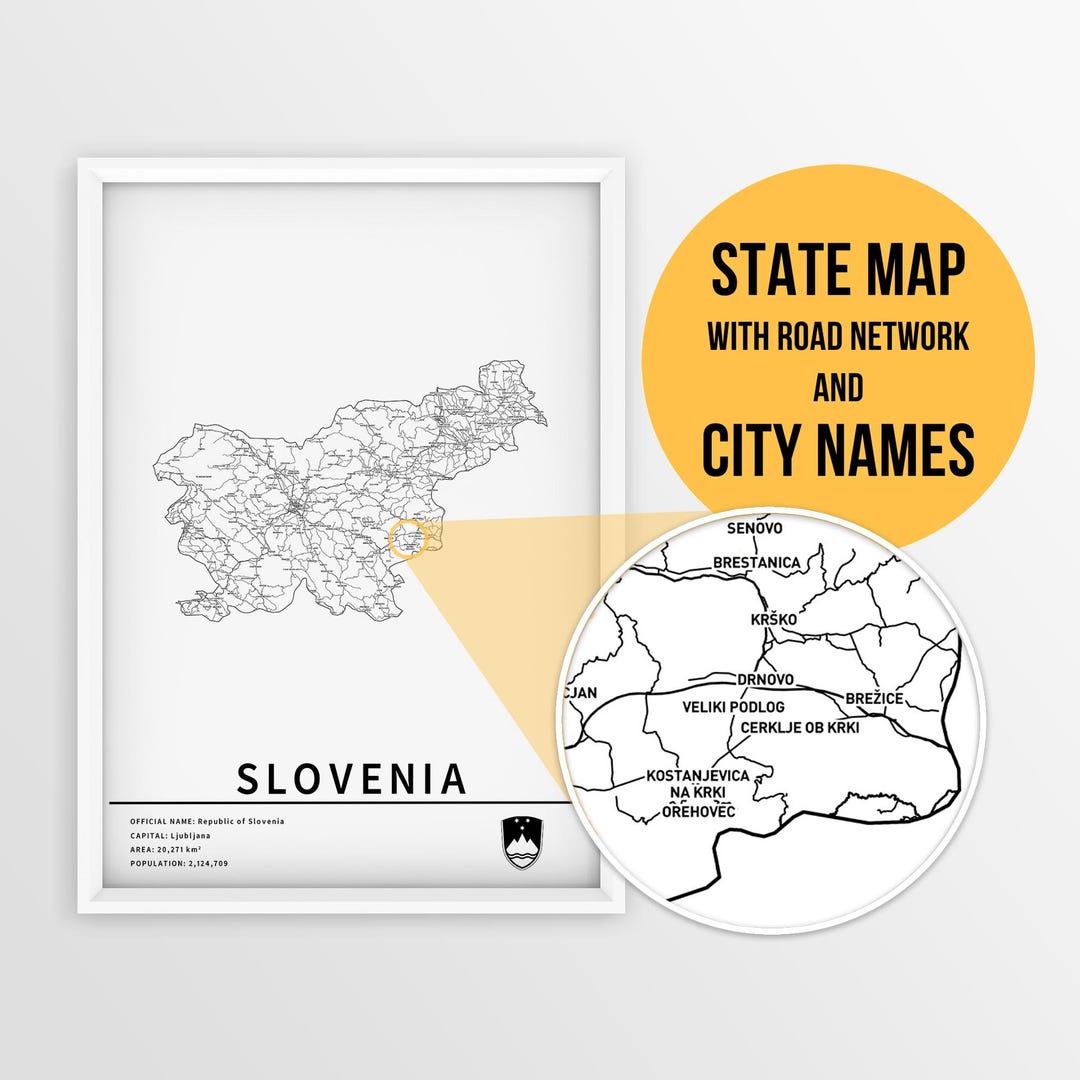 Printable Map of Slovenia With City Names and Roads - Instant Download ...