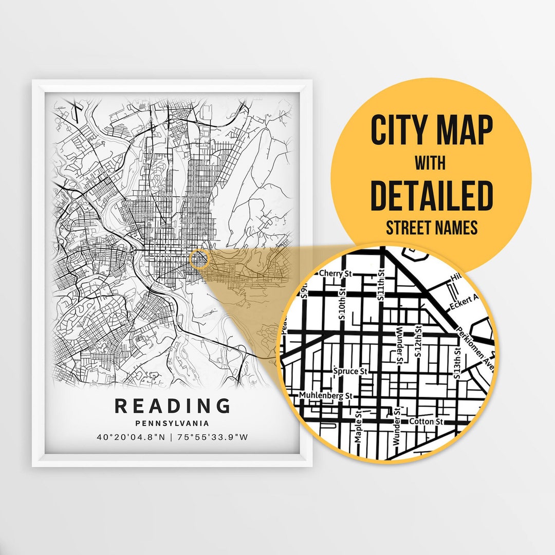Printable Map of Reading, Pennsylvania, USA With Street Names - Instant ...
