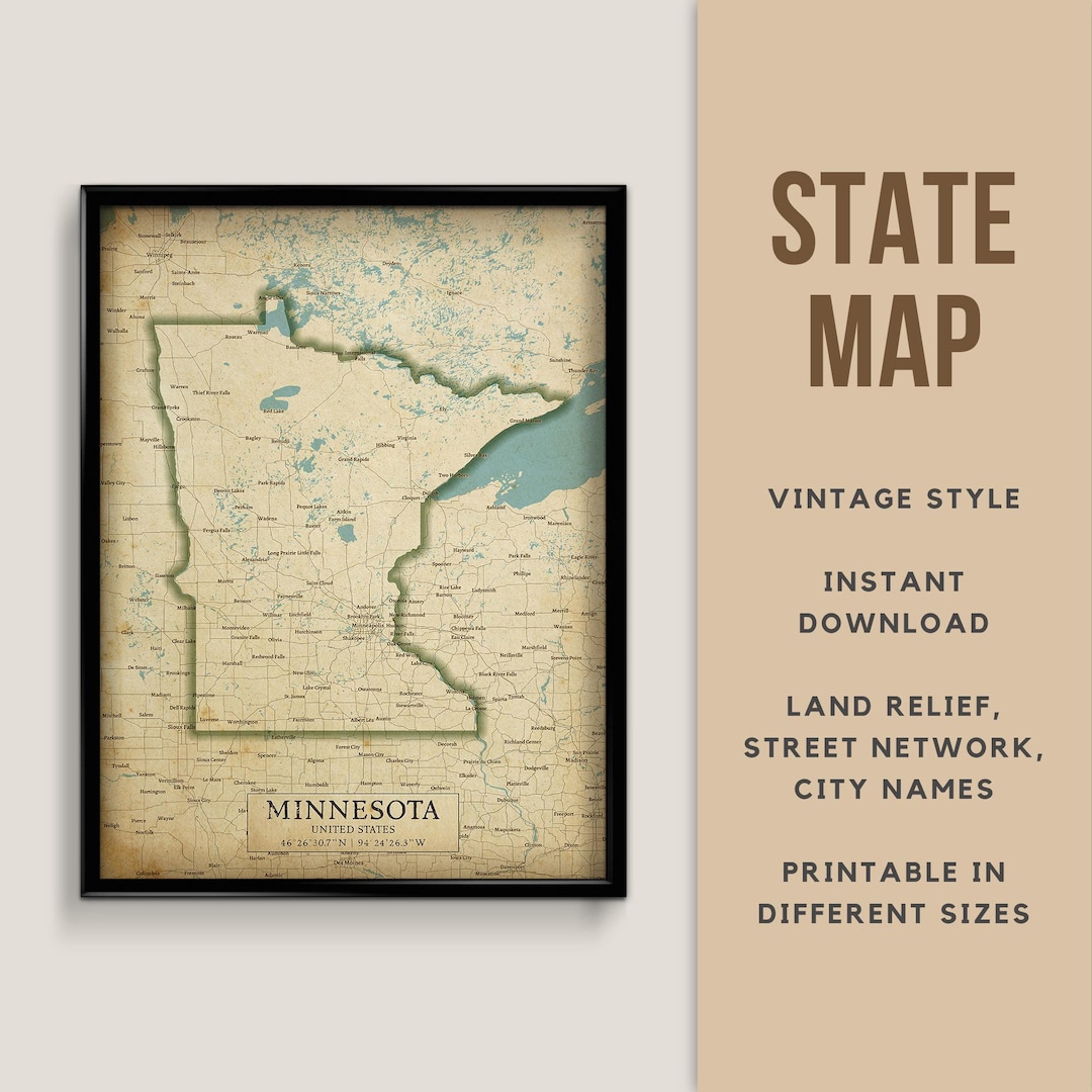 Minnesota Printable Vintage Style Map Poster - Instant Download ...