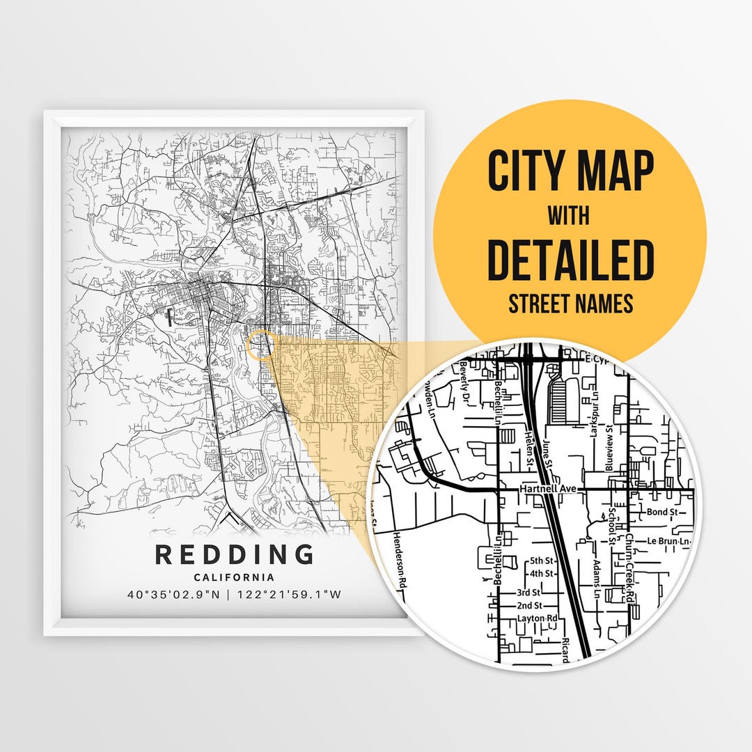 Printable Map of Redding, California, USA With Street Names - Instant Download \ City Map ...