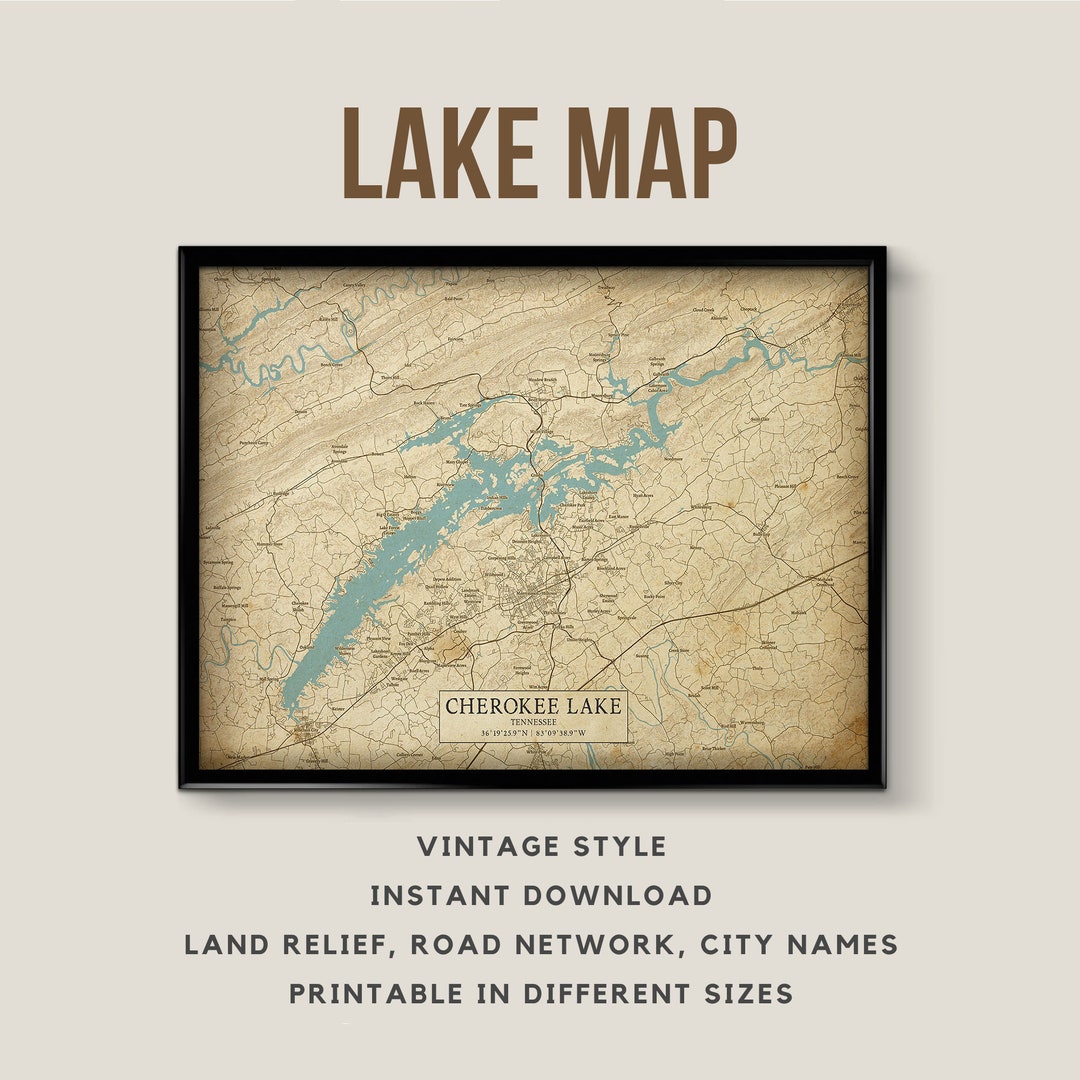 Printable Vintage Style Map of Cherokee Lake, Tennessee With City Names ...