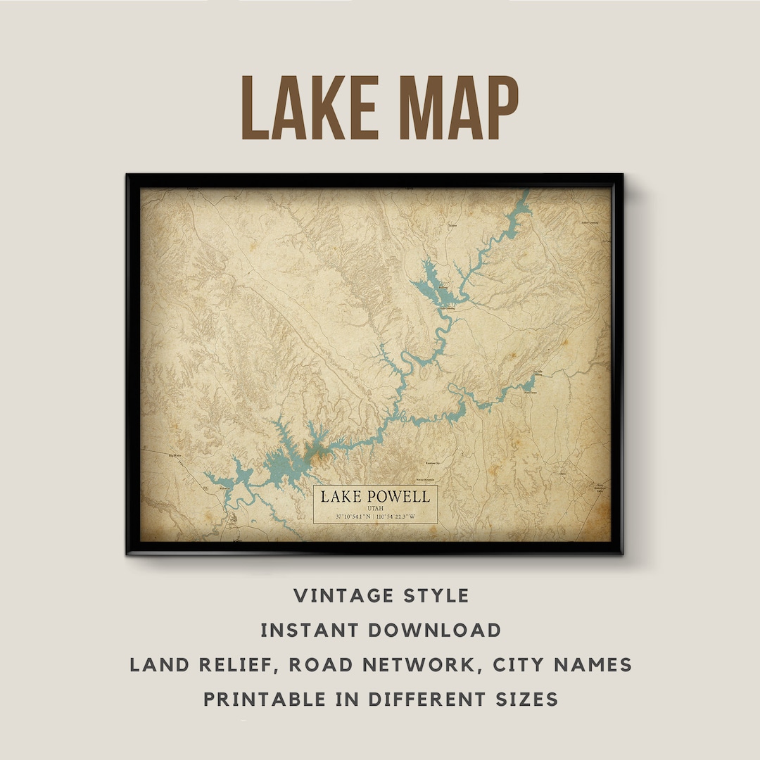 Buy Vintage Style Map of Lake Powell, Utah and Arizona, USA With City ...