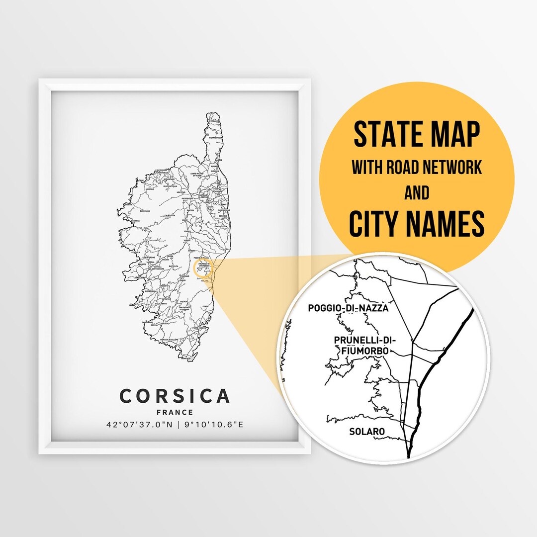 Mapa imprimible de Córcega con nombres de ciudades y carreteras ...