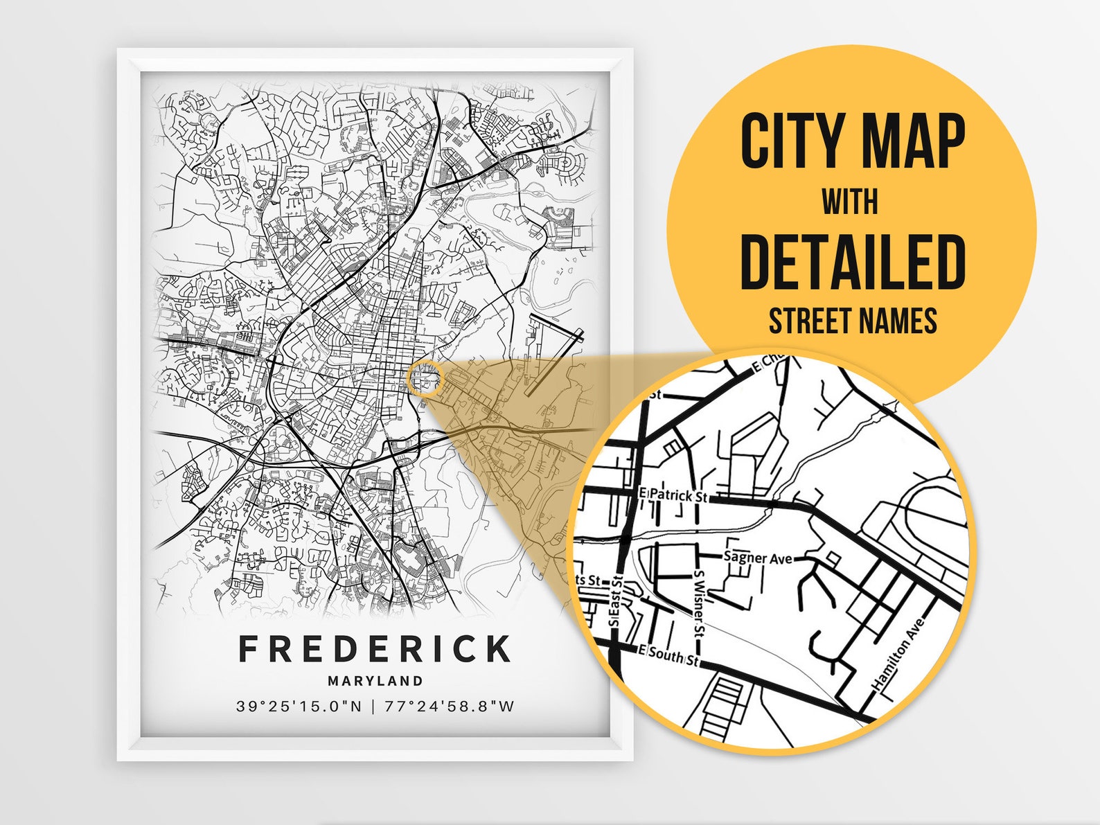 Printable Map of Frederick MD With Street Names Maryland USA - Etsy