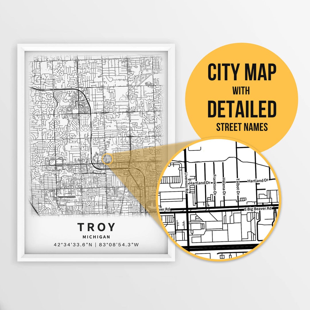 Printable Map of Troy, Michigan, USA With Street Names - Instant ...