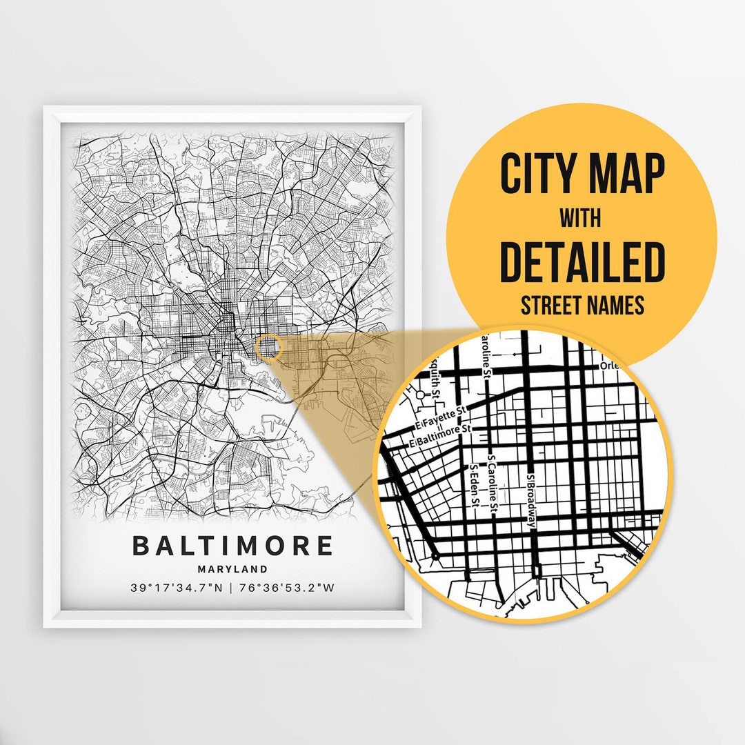 Printable Map of Baltimore, Maryland, USA With Street Names Instant ...