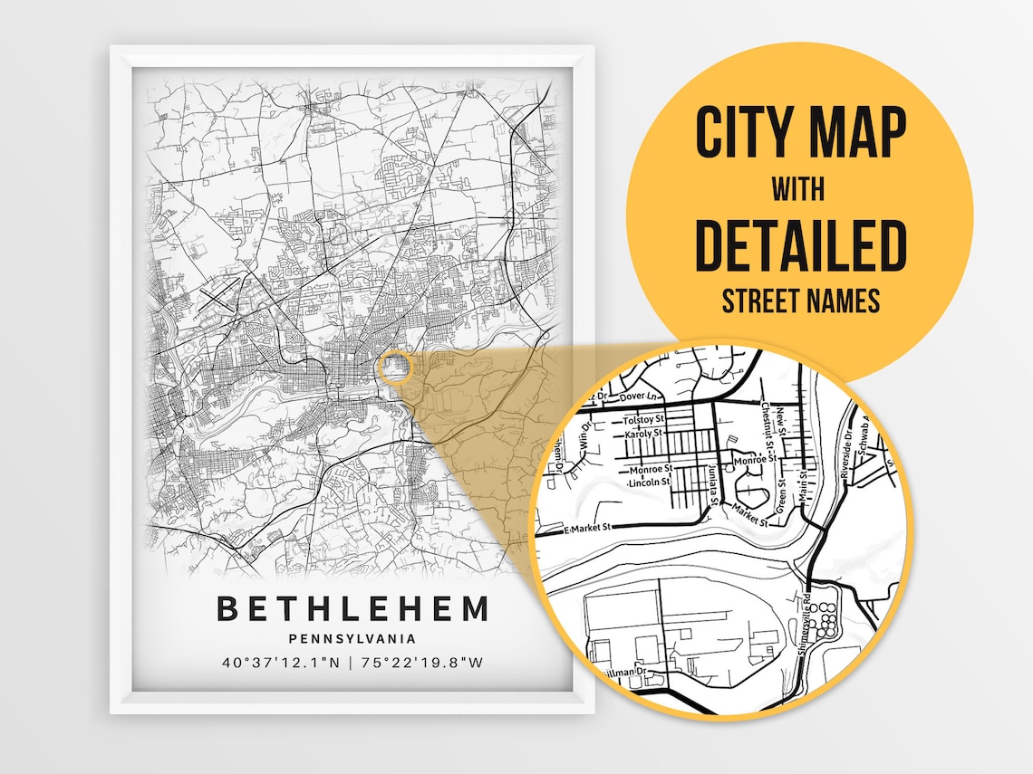 Printable Map of Bethlehem Pennsylvania PA United States - Etsy